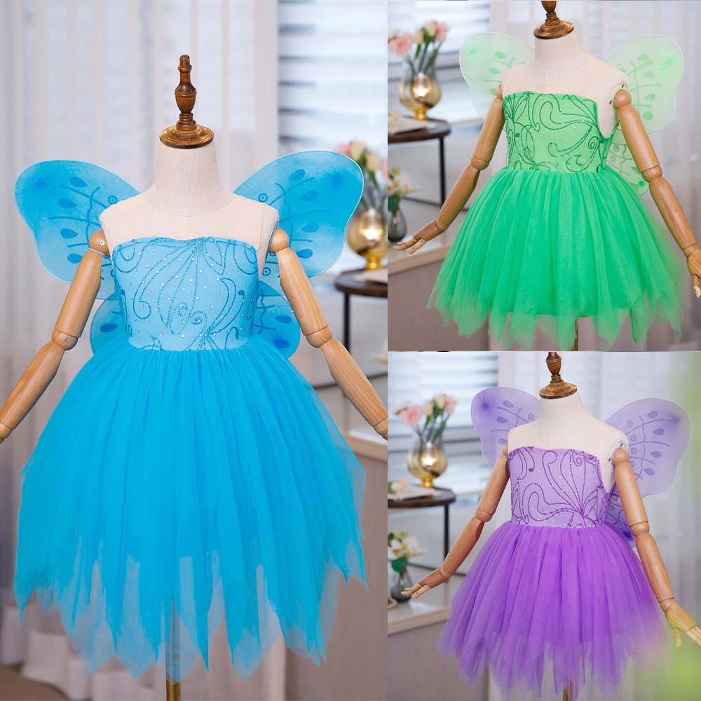 3 Colors Blue Green Purple Dress For Kids Girl Tinkerbell Cosplay ...