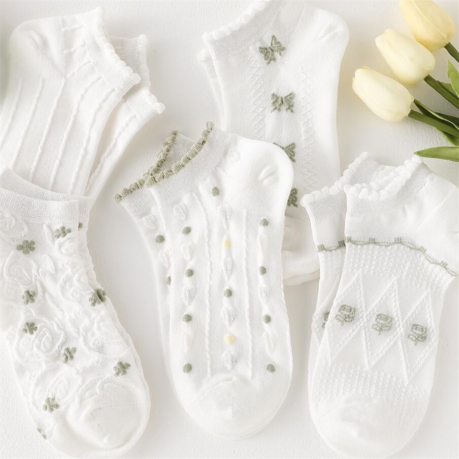 5 Pairs White Socks Women Fresh Mori Lace Socks Shallow Mouth Thin Cute ...
