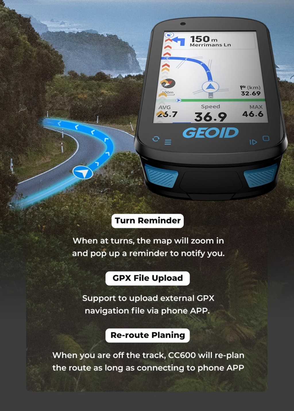 Geoid CC600 Smart Colorful Bike Computer Waterproof Wireless GPS Speedometer Support Bluetooth ...