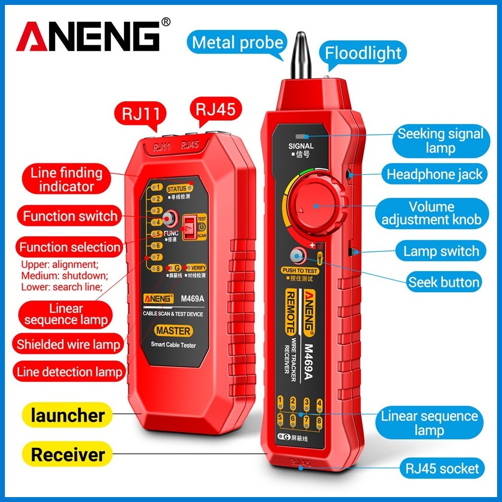 ANENG M469A Network Cable Tester Measure Cables Tool RJ45 RJ11 Multi ...