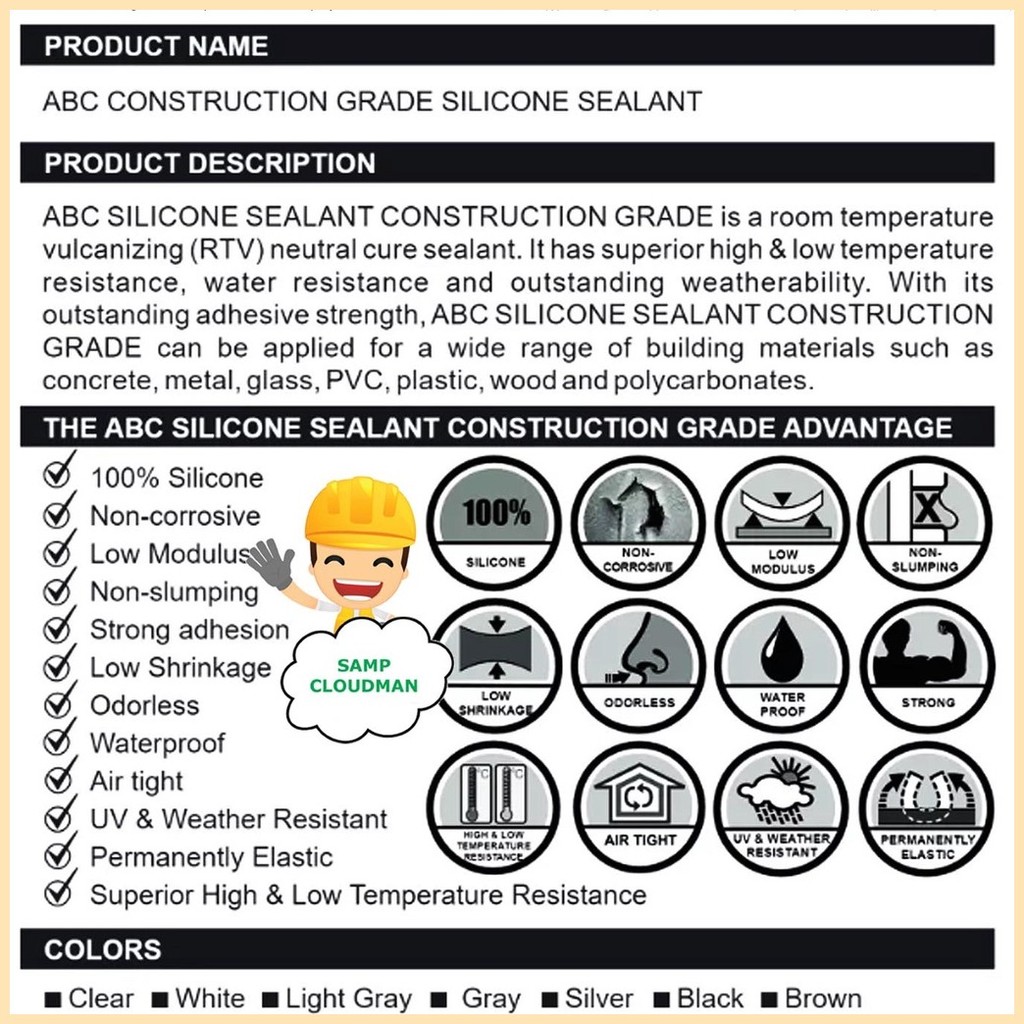 ABC Silicone Sealant 300ml Neutral Cure Construction Grade Silicon ...