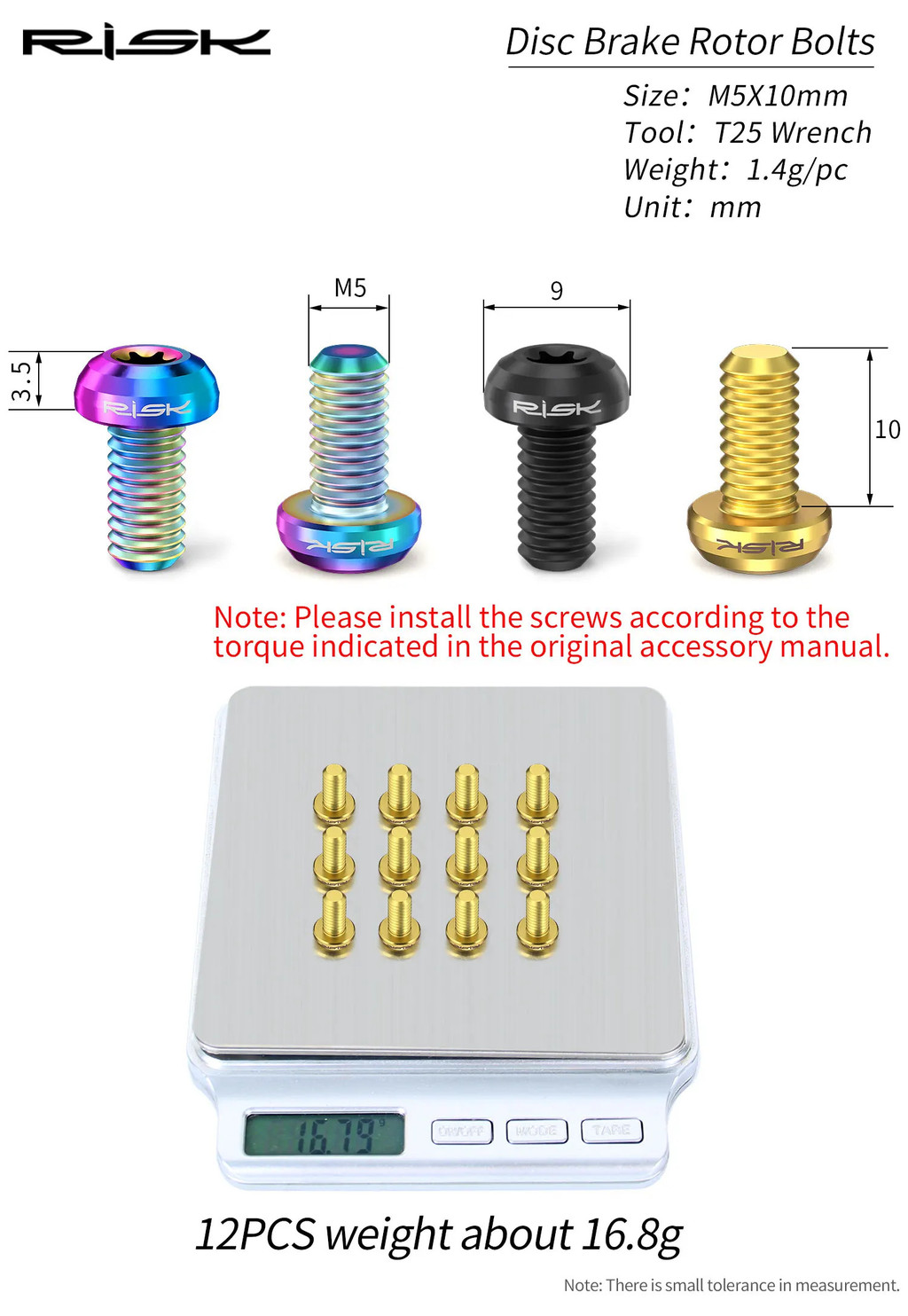 RISK 12pcs/bag Mountain Road Bike Bicycle TC4 Titanium M5X10mm Disc ...