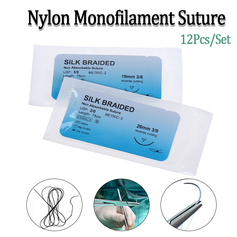 12Pcs 75cm 2/0 3/0 Medical Needle Suture Silk Braided Monofilament ...