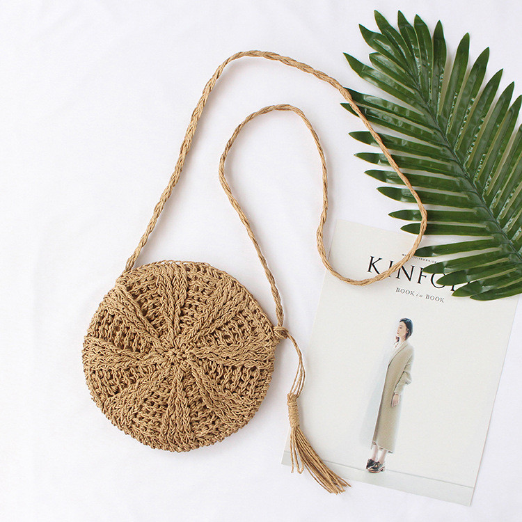 Women Round Circular Rattan Wicker Straw Woven Beach bag Round Sling ...