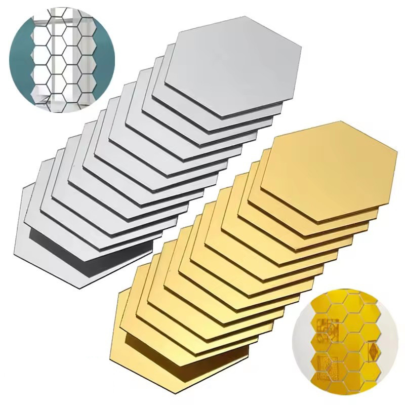12-60pcs 3D Hexagon Mirror Wall Sticker - Self Adhesive Acrylic Mirror ...
