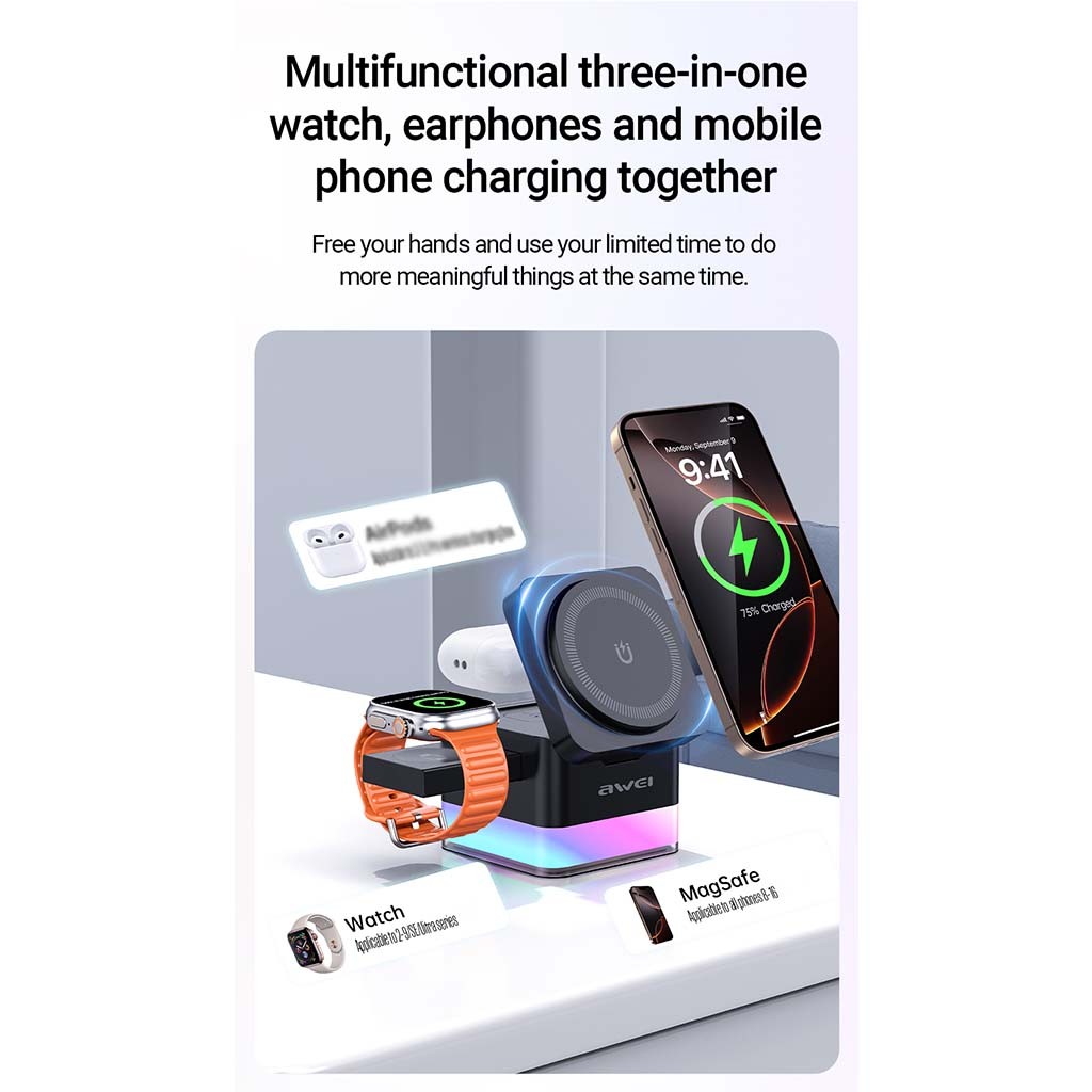 Awei W25 Wireless Charger 3in1 Multifunction Foldable Charging Strong ...