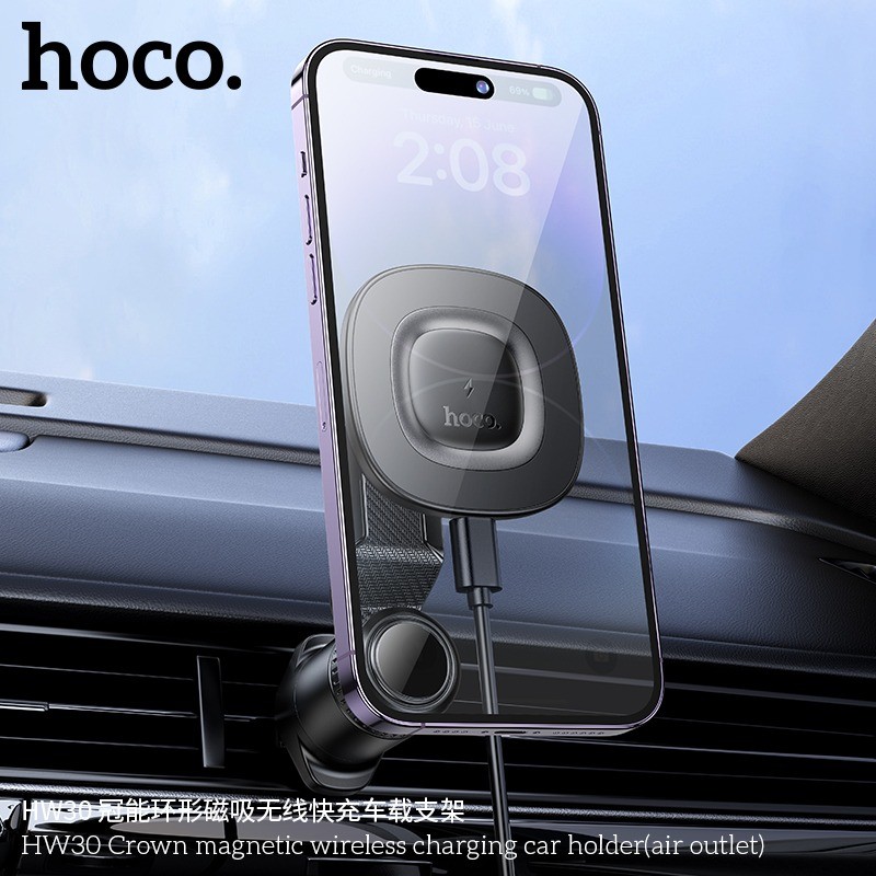 HOCO HW30 Magnetic Car Phone Holder Wireless Charging 15W Air Vent Clip ...