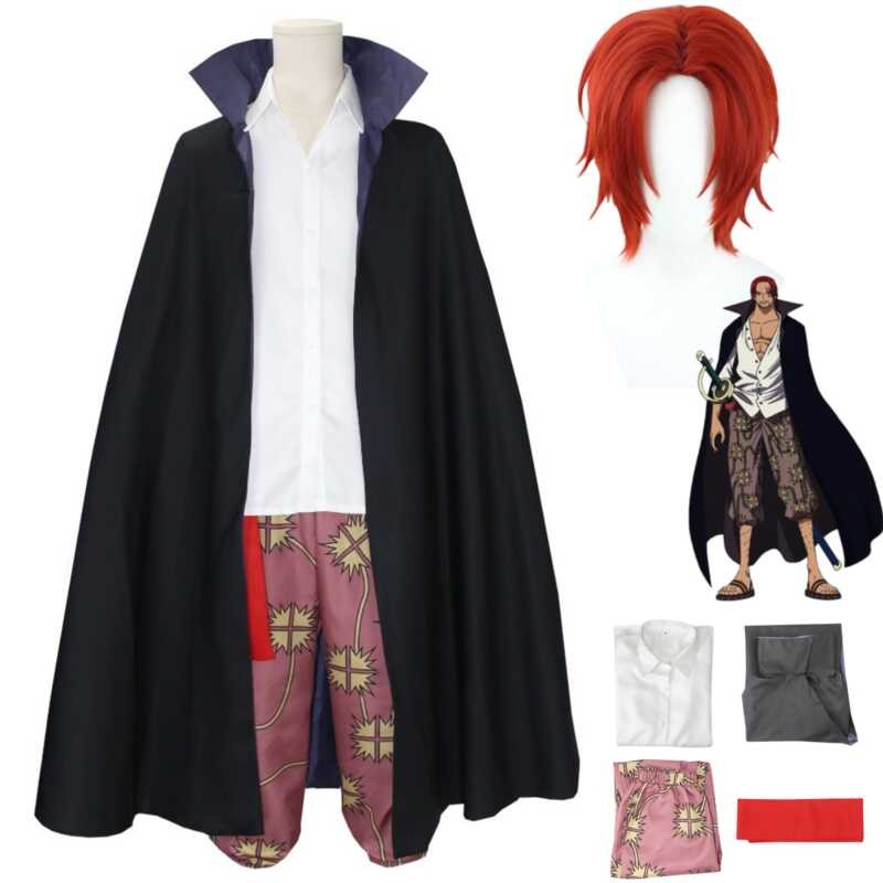 Red Anime Hair Shanks Cosplay Costume Four Emperors Wig Black Cloak ...