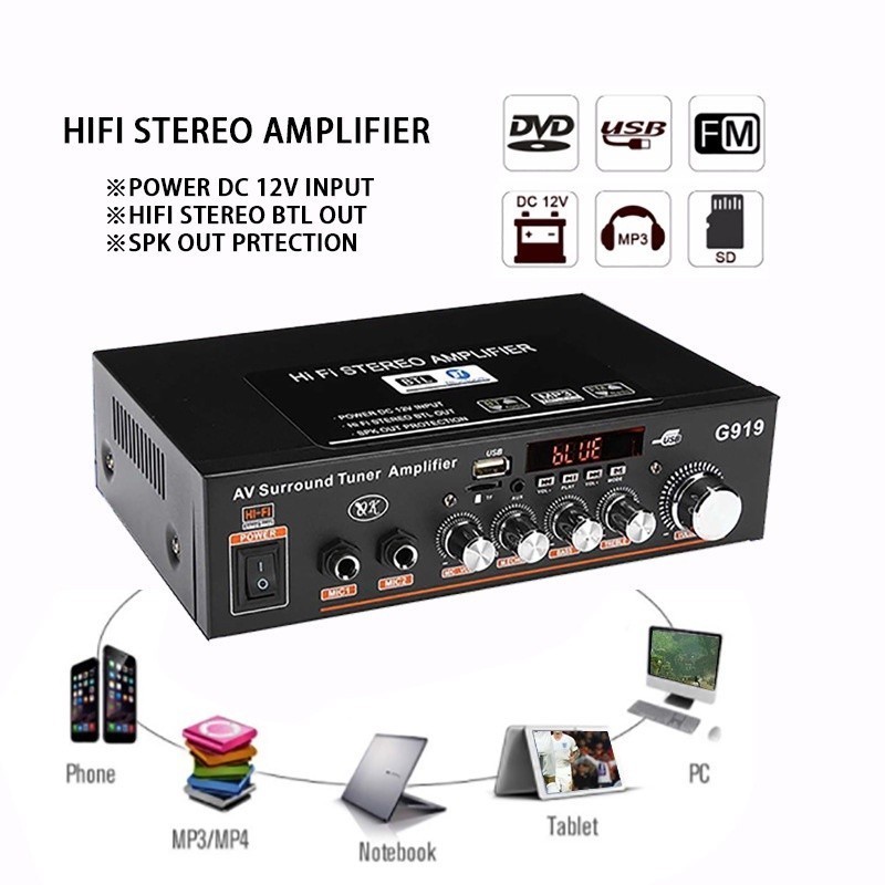 800W G919 Mini Amplifier 12V/220V FM SD HiFi bluetooth 5.0 Stereo Audio ...
