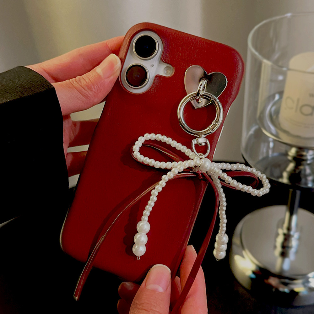 Luxury Bowknot Pendant New Year Red Leather Phone Case for IPhone 16 14 ...