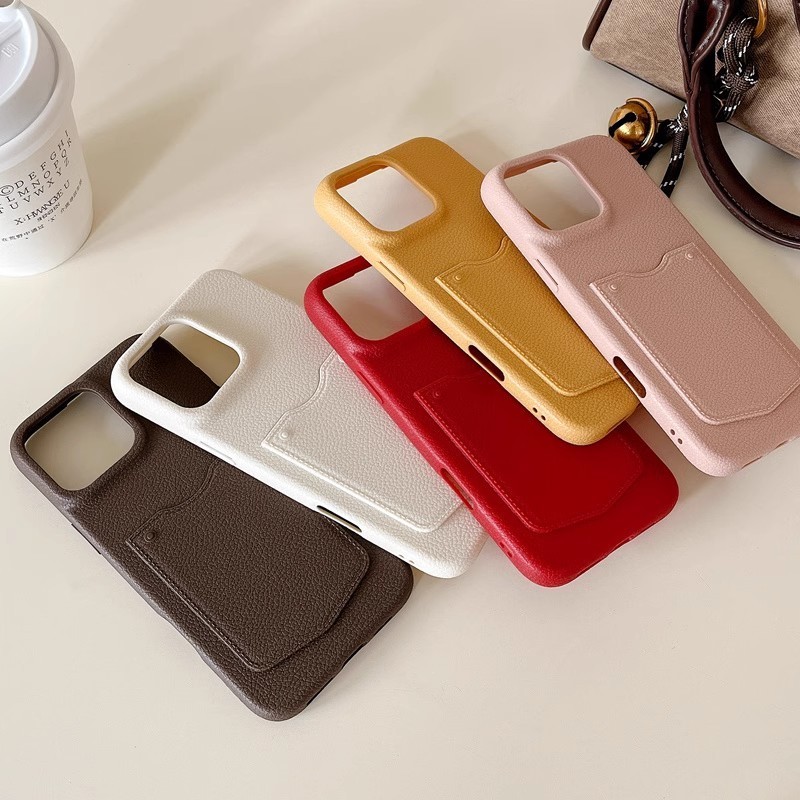 Fashion Card Bag Lychee Pattern Leather Wallet Phone Case For iPhone 16 15 14 13 Pro Max Solid ...