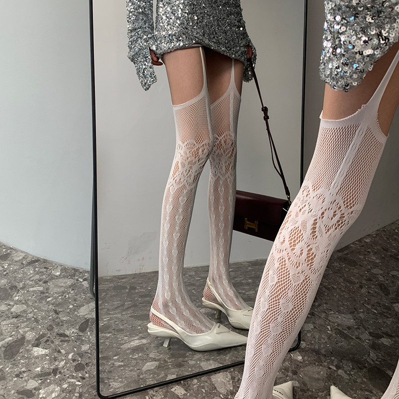 Hollowed Out Lace Fishnet Suspender Socks Women Sexy Slim Nylon Mesh ...