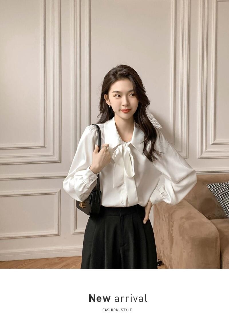 MEET.U French Neck Tie Classy Elegant Satin Blouse Women White Long ...