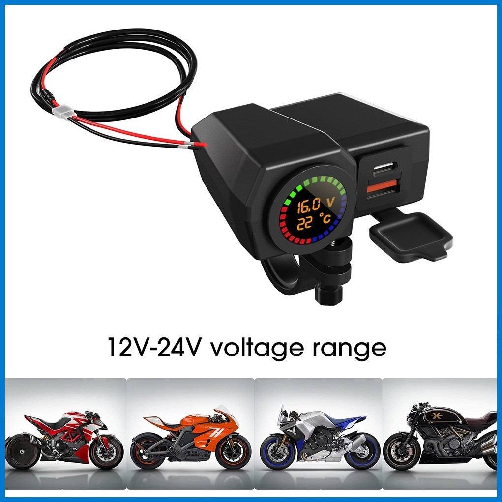 USB Motorcycle Charger with Voltmeter Thermometer Dual Ports Motorbike ...