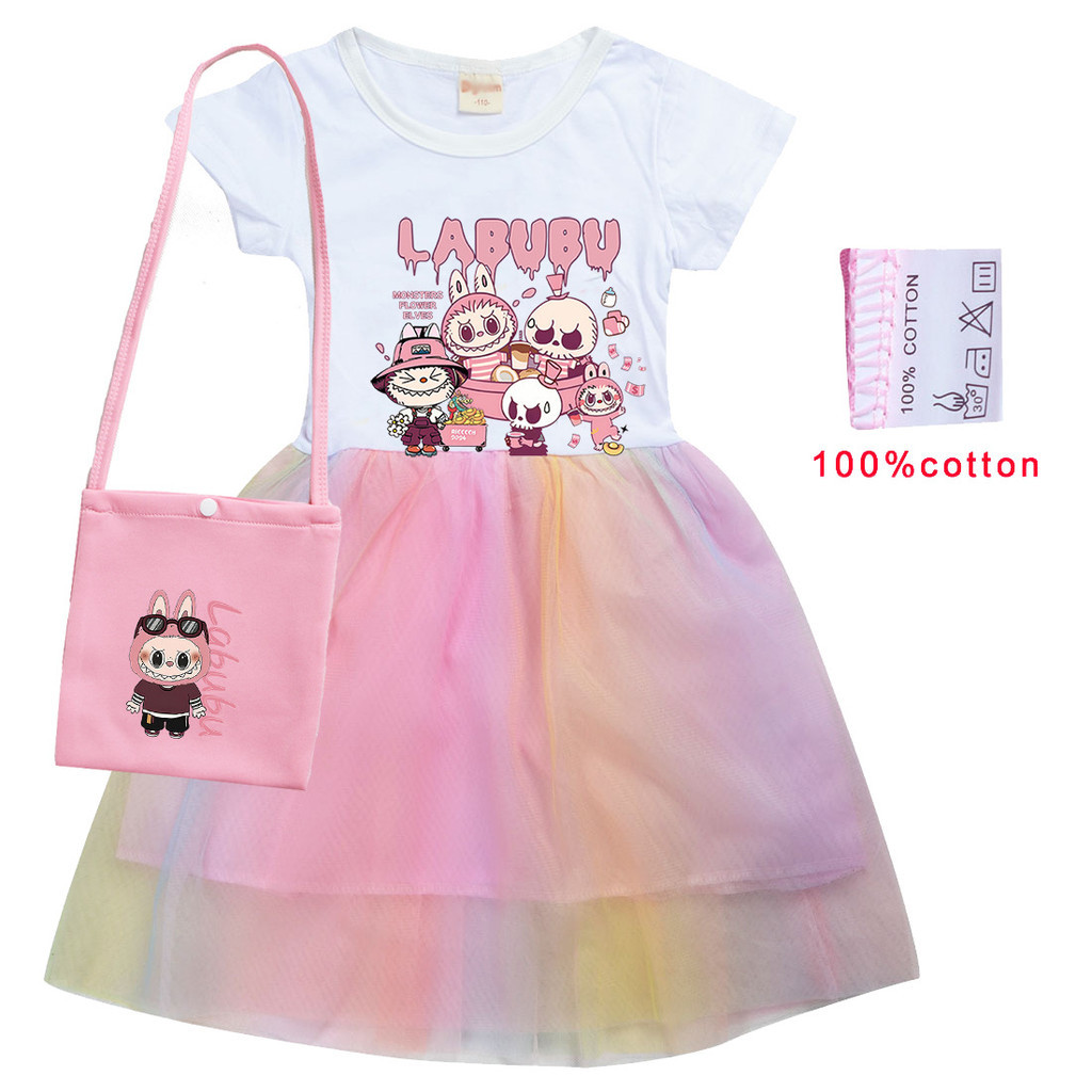 2pcs Zimomo Dress for Kids Girl Birthday Ootd Set Cute Labubu Pattern ...