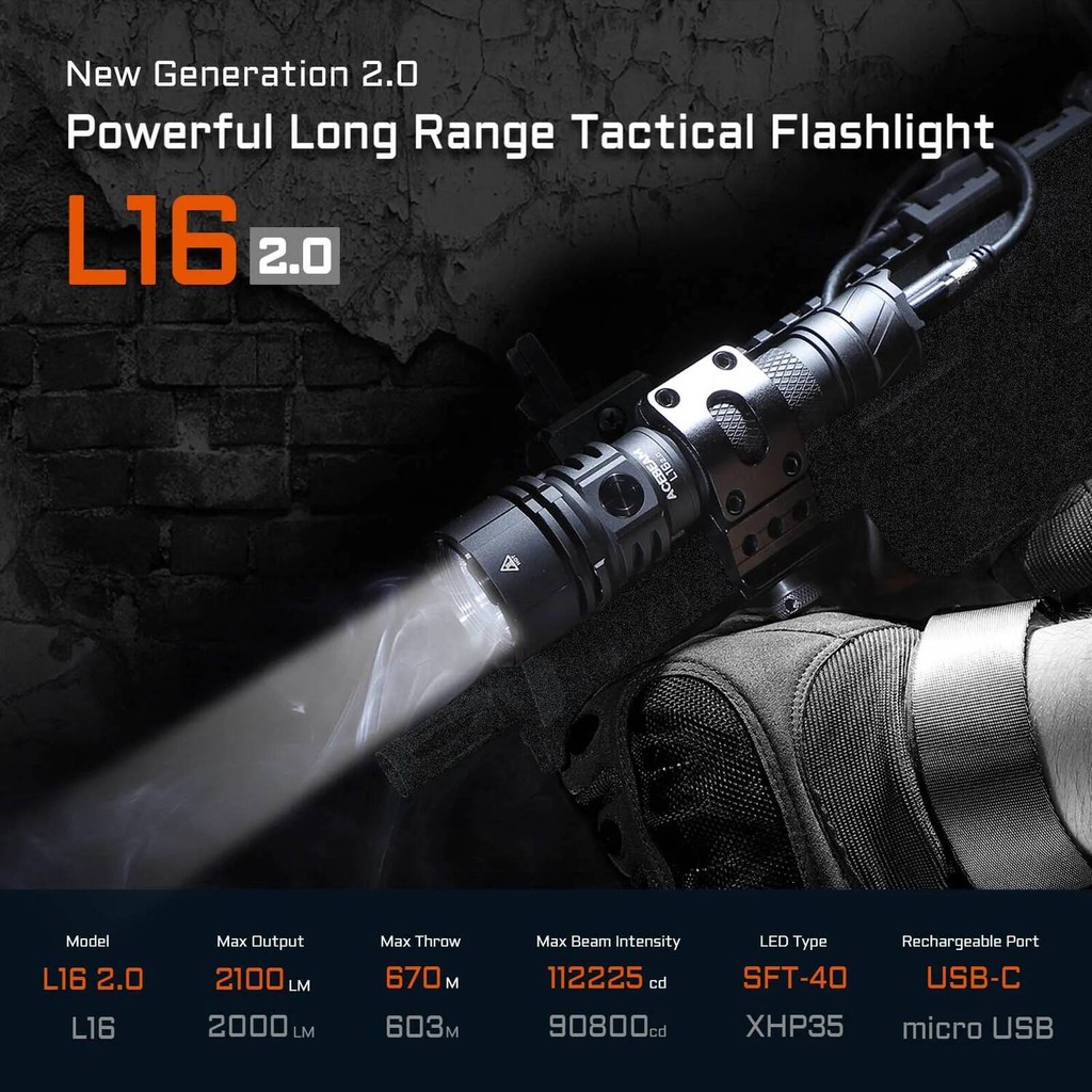 L16 ACEBEAM 2.0 Tactical Flashlight Long Range 670M 2100LM Dual Switch ...