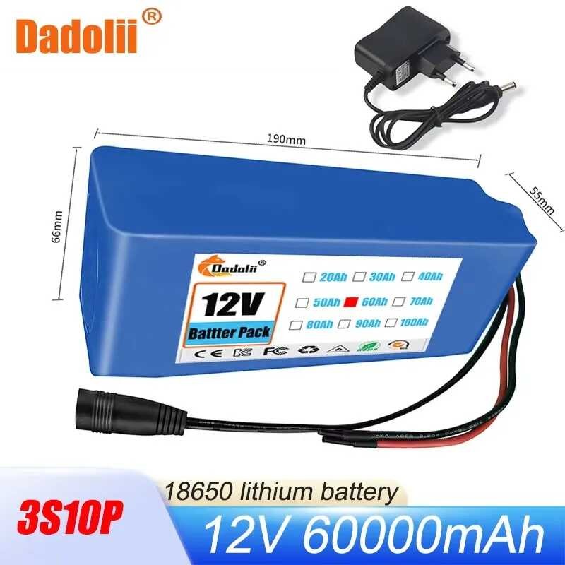2 New 18650 3S10p 12V 60Ah Rechargeable Lithium Ion Battery Pack,For ...