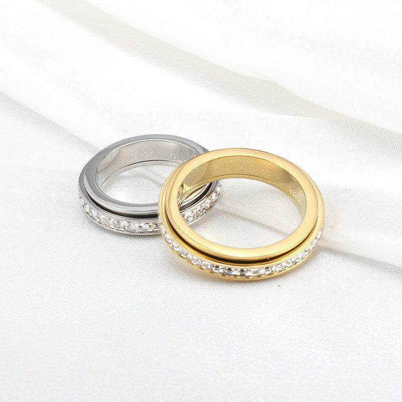 Simple Single Row Diamond Rotatable Ring Inlaid Zircon Titanium Steel ...