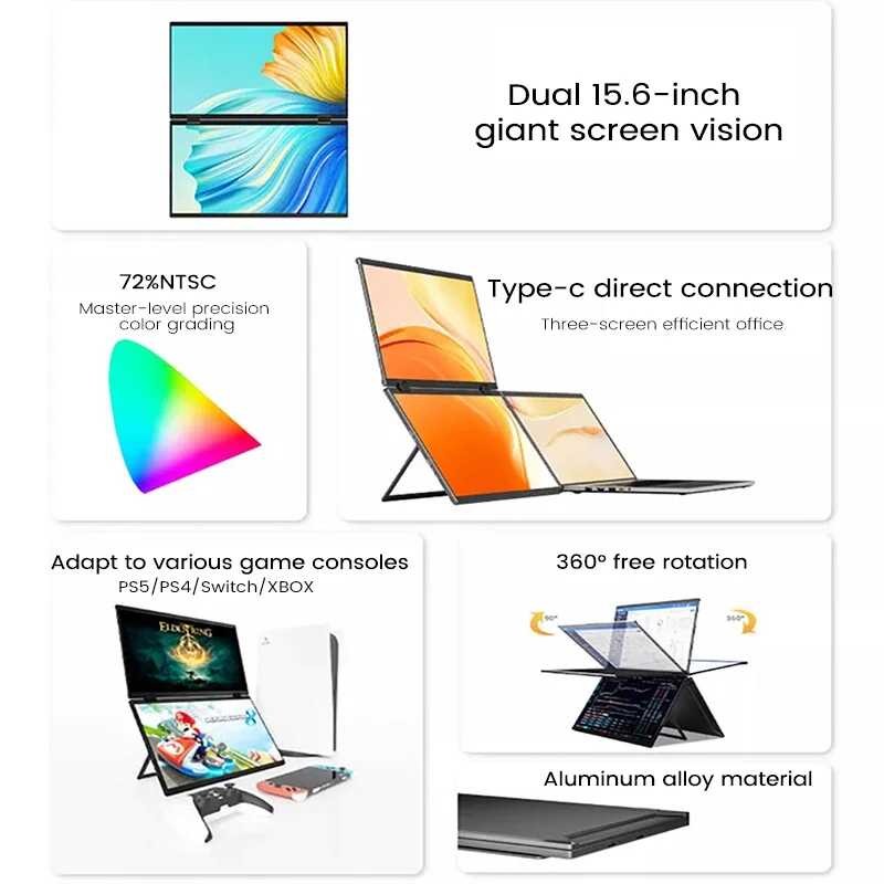 Inch 15.6 Dual Touch Screen Portable Monitor 1080P FHD With 360° Flip ...