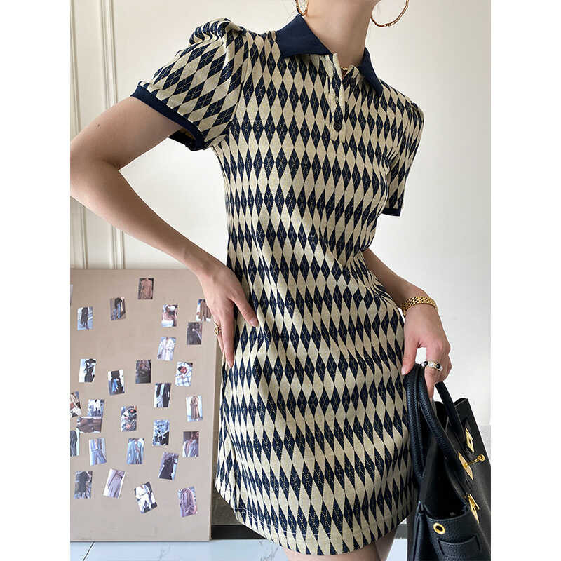 Sinan French Temperament High-End Polo Collar Diamond Grid Dress Design ...