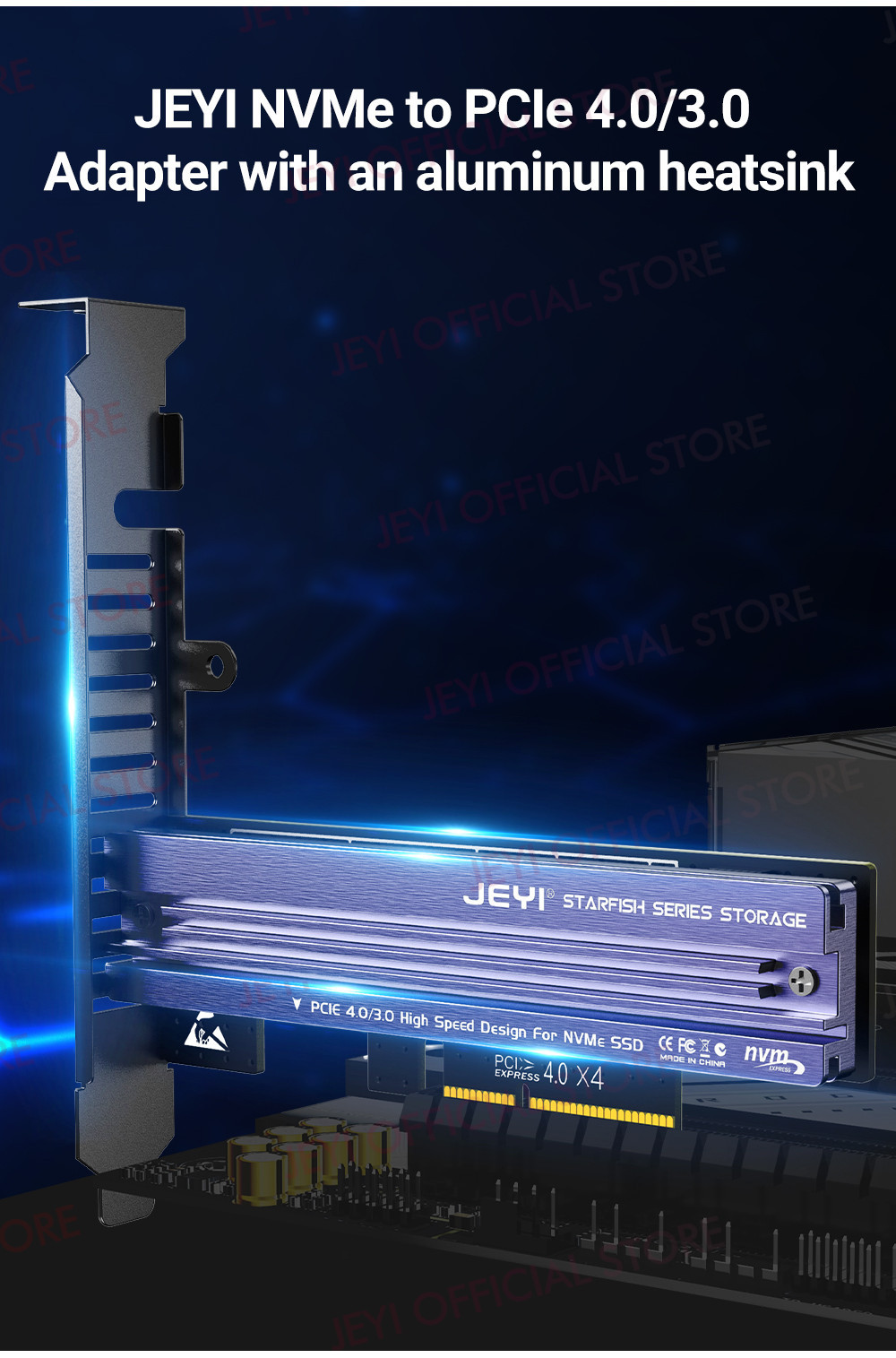 JEYI M.2 NVME to PCIe 4.0 3.0 Adapter With Aluminum SSD Heatsink, NVMe 64Gbps Gen4 PCIE X4 X8 ...