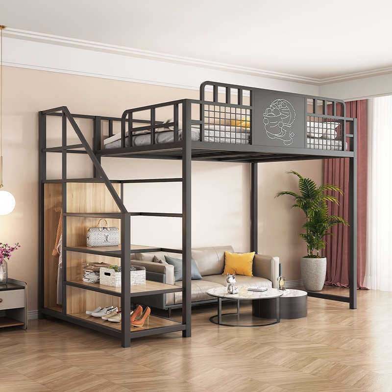 Iron elevated bed, thickened steel frame bed, apartment loft suspended bed, double iron frame b ...