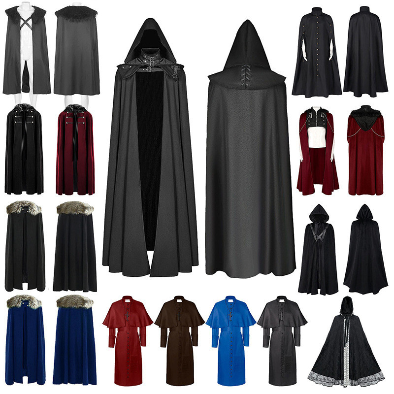 Medieval cloak Gothic Double layered hooded shawl Stage Halloween ...