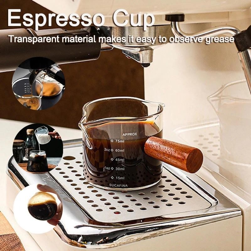 75ml Glass Measuring Cup with Wooden Handle Double Spout Coffee Milk ...
