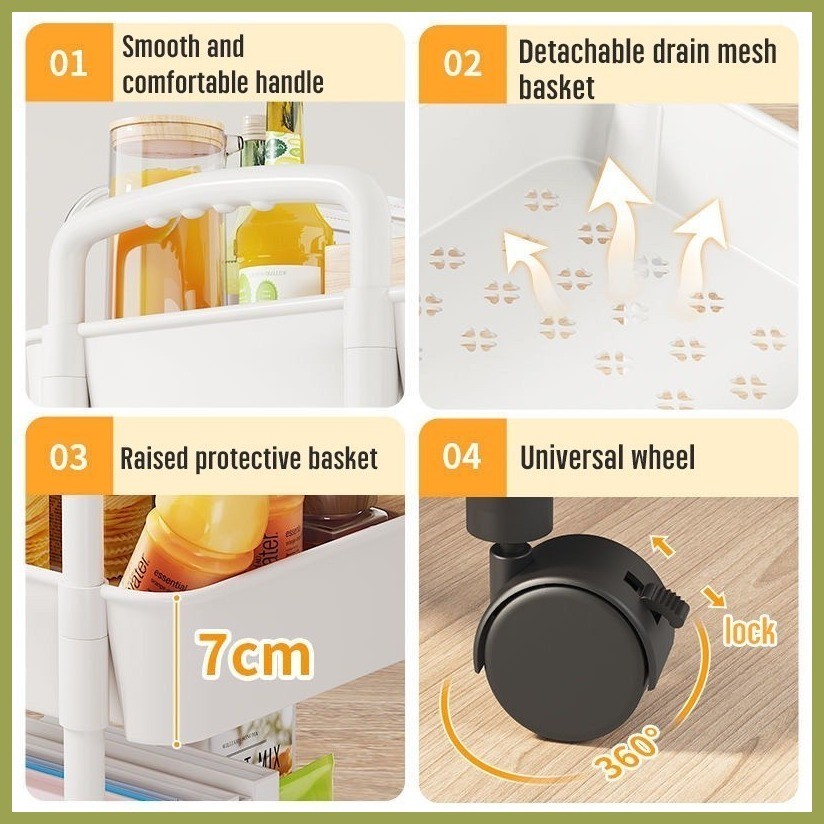 ☁ 3-5 Tier Trolley Cart Moving Rack Kitchen Storage Shelf Bathroom ...