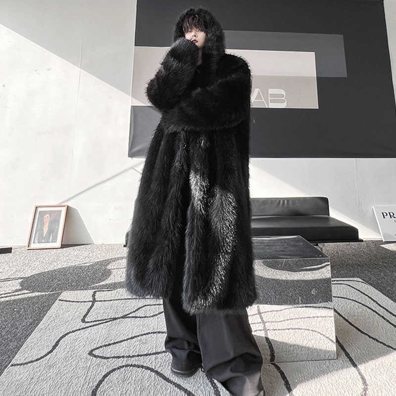 Trendy LUZHEN Men's Thicked Length Faux Fur Coat Trench Loose Oversize ...