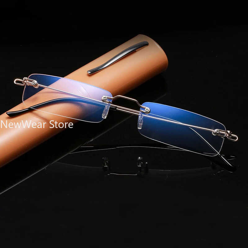 Anti-Blue Rimless Reading Glasses Square Metal Presbyc Eyewear With ...
