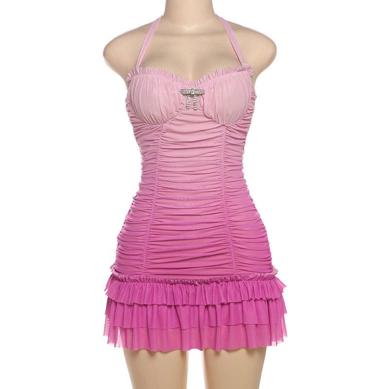 Cutenew Folds Gradient Dress Women Halter Bandage Multilayer Ruffles ...