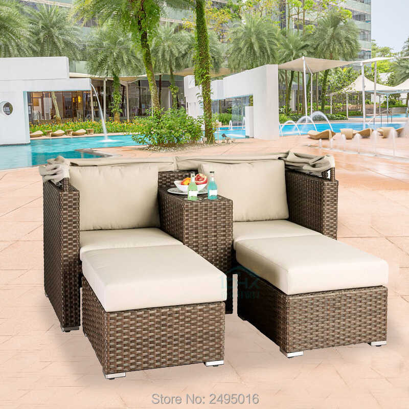 Outdoor rattan artipisyal kasangkapan beach upuan Seksyonal sofa Sunbed ...