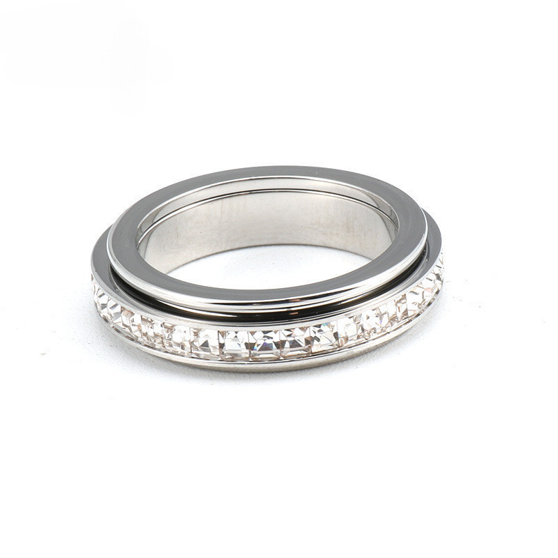 Simple Single Row Diamond Rotatable Ring Inlaid Zircon Titanium Steel ...