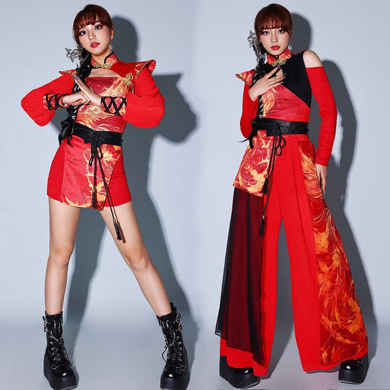 Jazz Red Dance Costume Women Chinese Style Kpop Outfit Nightclub Singer ...