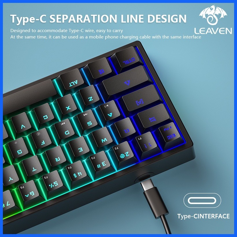 ♒ ๑ Leaven K620 Mechanical RGB Keyboard 61Key Removable Wire USB Blue ...