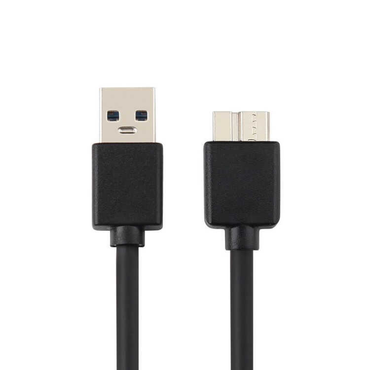 USB 3.0 portable hard drive data cable connected to computer, extended ...