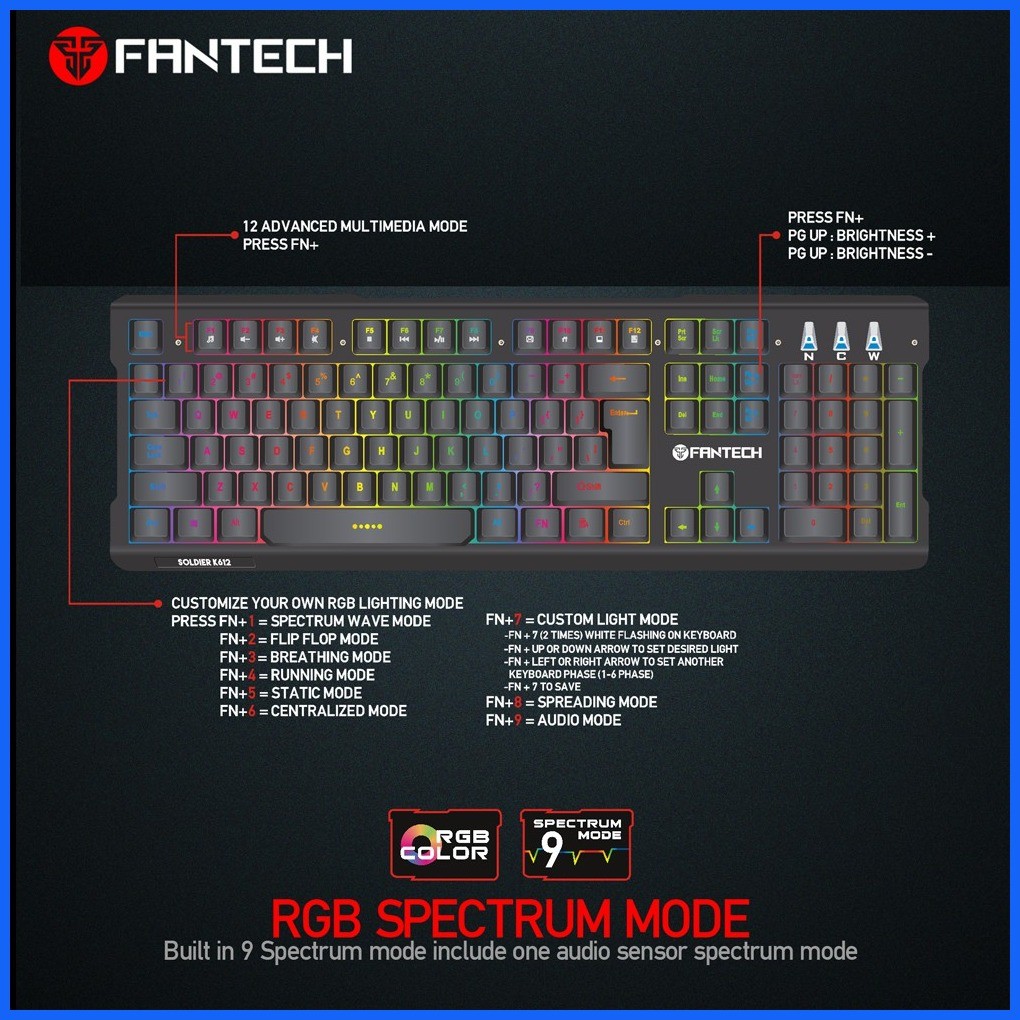 Fantech K612 SOLDIER Metal Cover Membrane RGB 9 Spectrum Mode Gaming ...