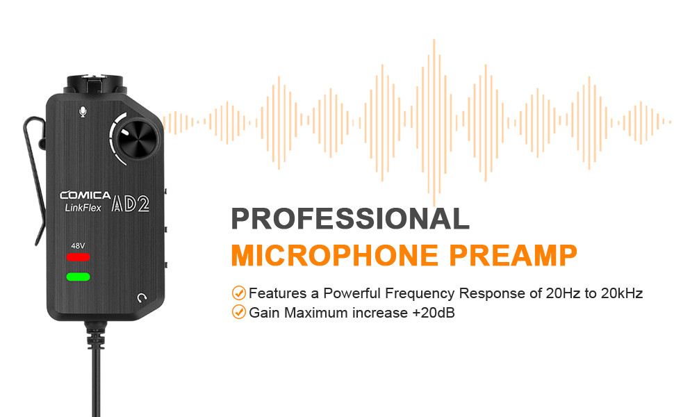 COMICA LINKFLEX AD2 XLR/ 6.35mm Audio Preamp Adapter with 48V Phantom Power, Real-time ...