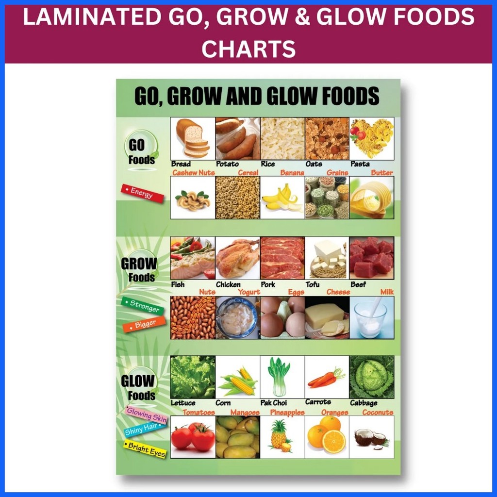 Laminated Go, Grow & Glow Foods Chart for Kids, Learners and Educators ...