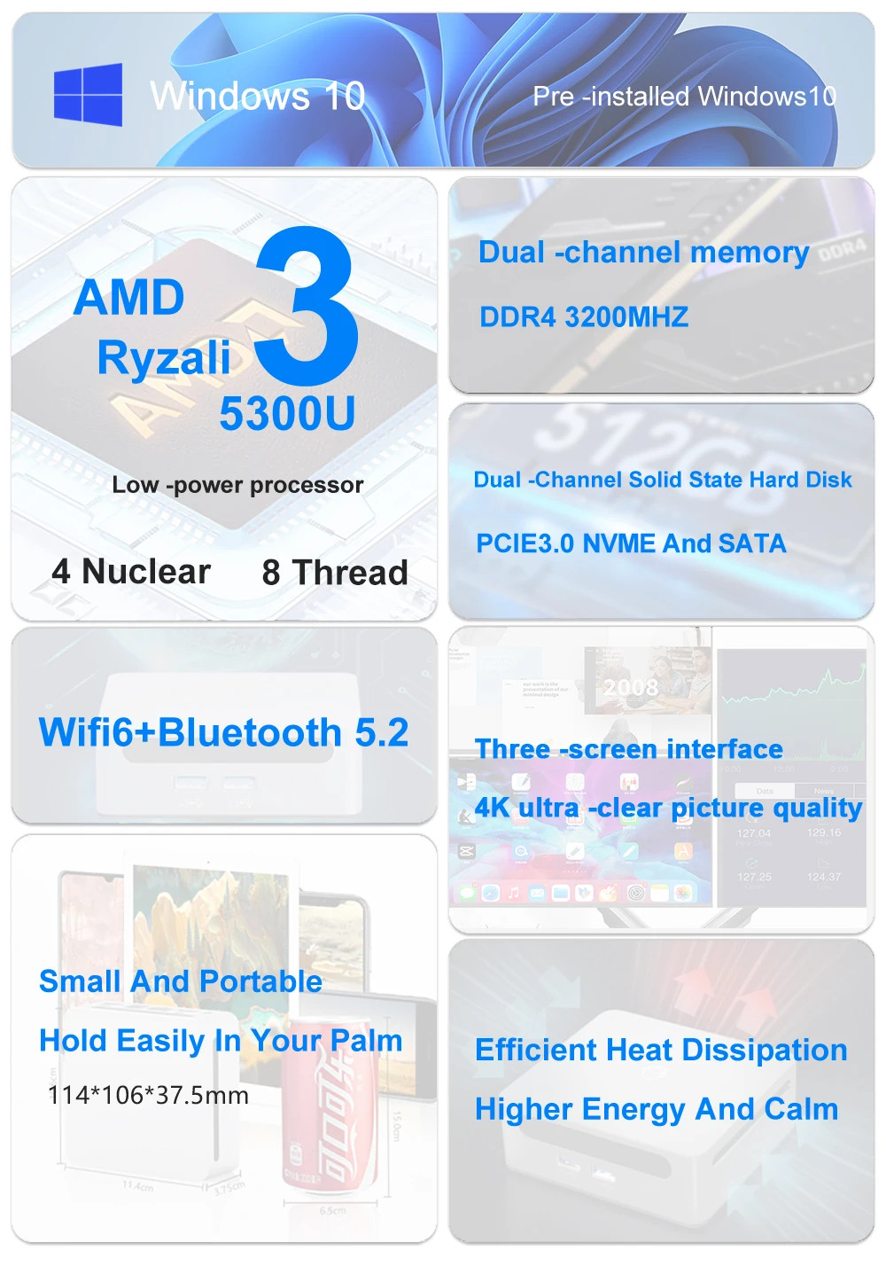 AMD Ryzen 3 5300U Mini PC Windows11 4 Cores 8 Threads WIFI6 BT5.2 DDR4 3200MHz 8/32GB RAM 256GB ...