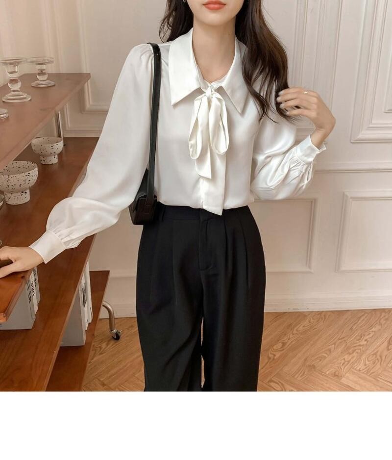 MEET.U French Neck Tie Classy Elegant Satin Blouse Women White Long ...