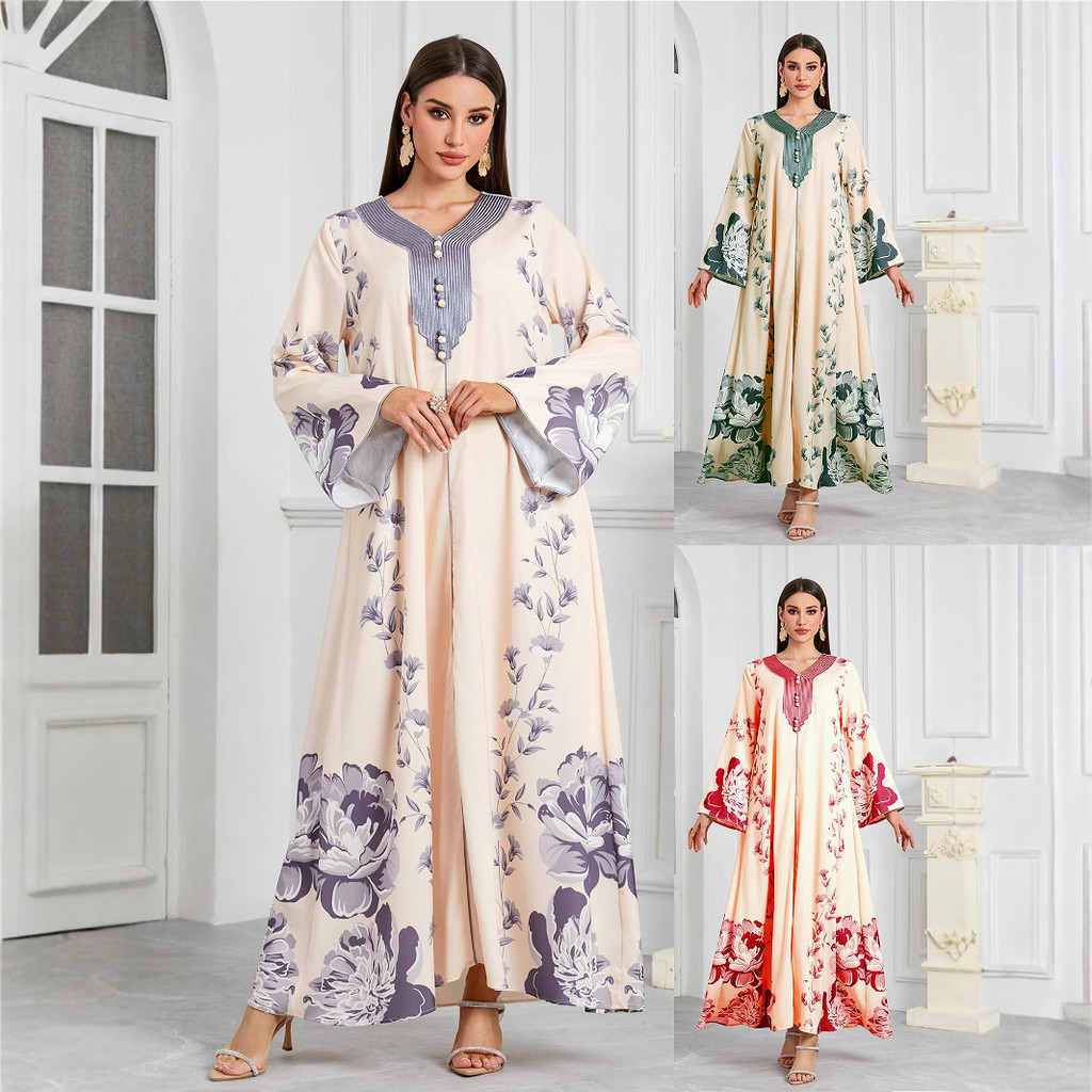 Middle Eastern Muslim Robe Long Skirt Printed New Dubai Abaya Dress ...