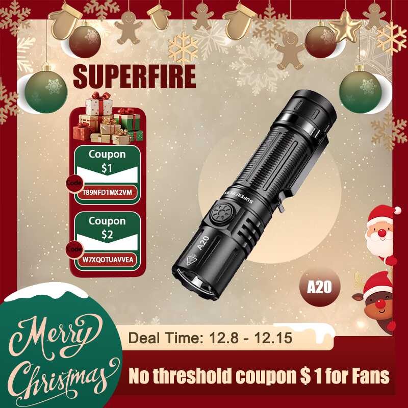 A20 SUPERFIRE EDC Flashlight Type-C Rechargeable 21700/18650/3Aaa Battery Portable Tactical ...