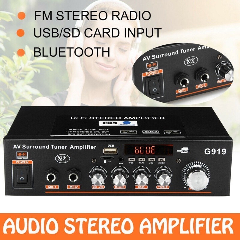 800W G919 Mini Amplifier 12V/220V FM SD HiFi bluetooth 5.0 Stereo Audio ...
