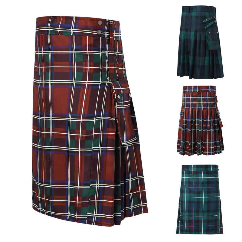 Scottish Mens Traditional Highland Kilt Knee Length Tartan Utility Skirt Cosplay Costumes ...