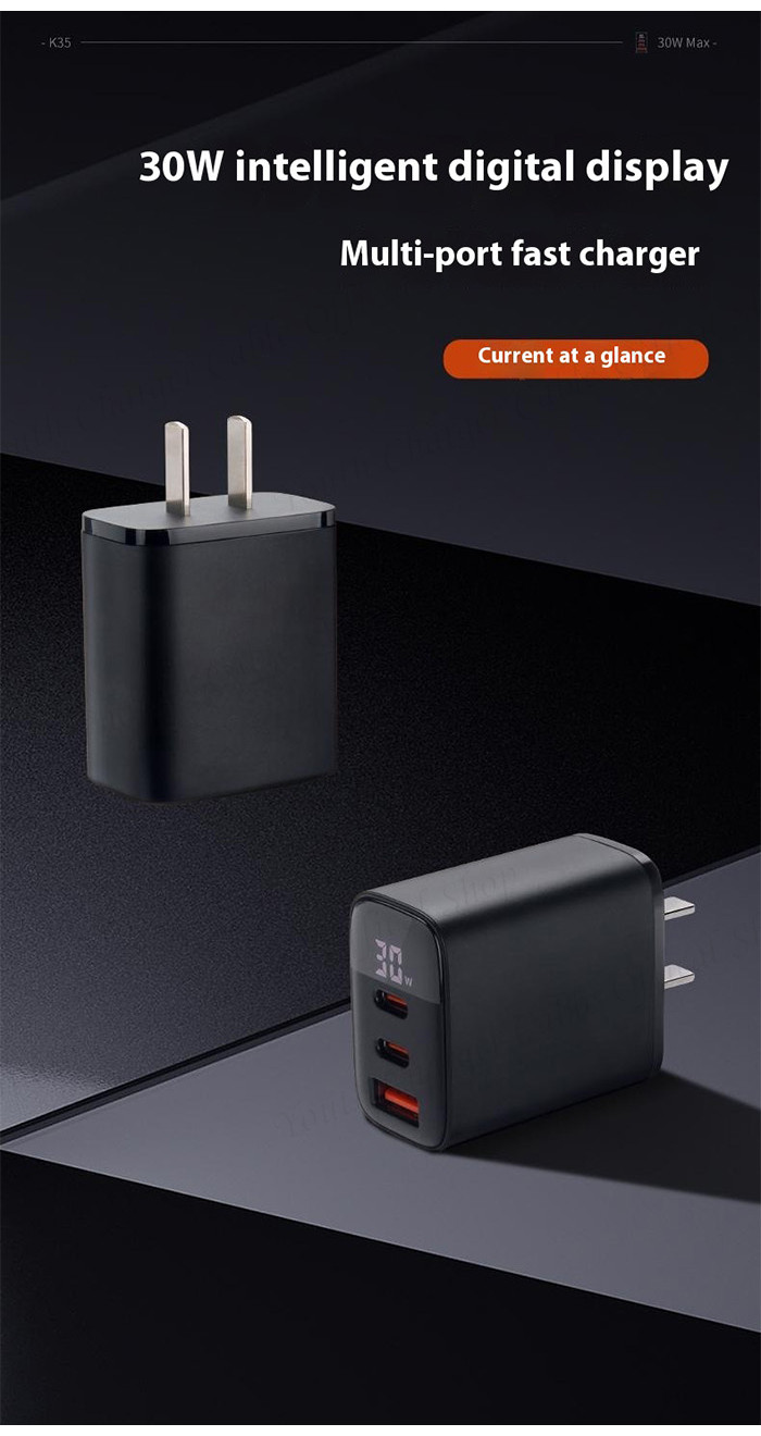 PD30W GaN Fast Charging Charger With Intelligent Digital Display USB Dual Type C Port ...