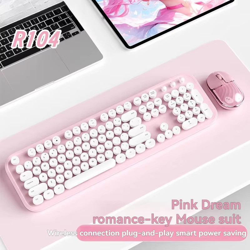 Wireless Keyboard Computer Gaming Keyboards Cute Office Retro Round Keycap 2 4ghz Punk