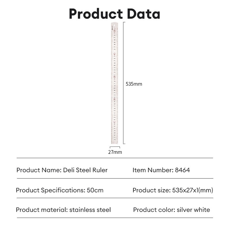 Deli 50cm Stainless Steel Ruler 8464 20inch Straight Ruler Measuring ...
