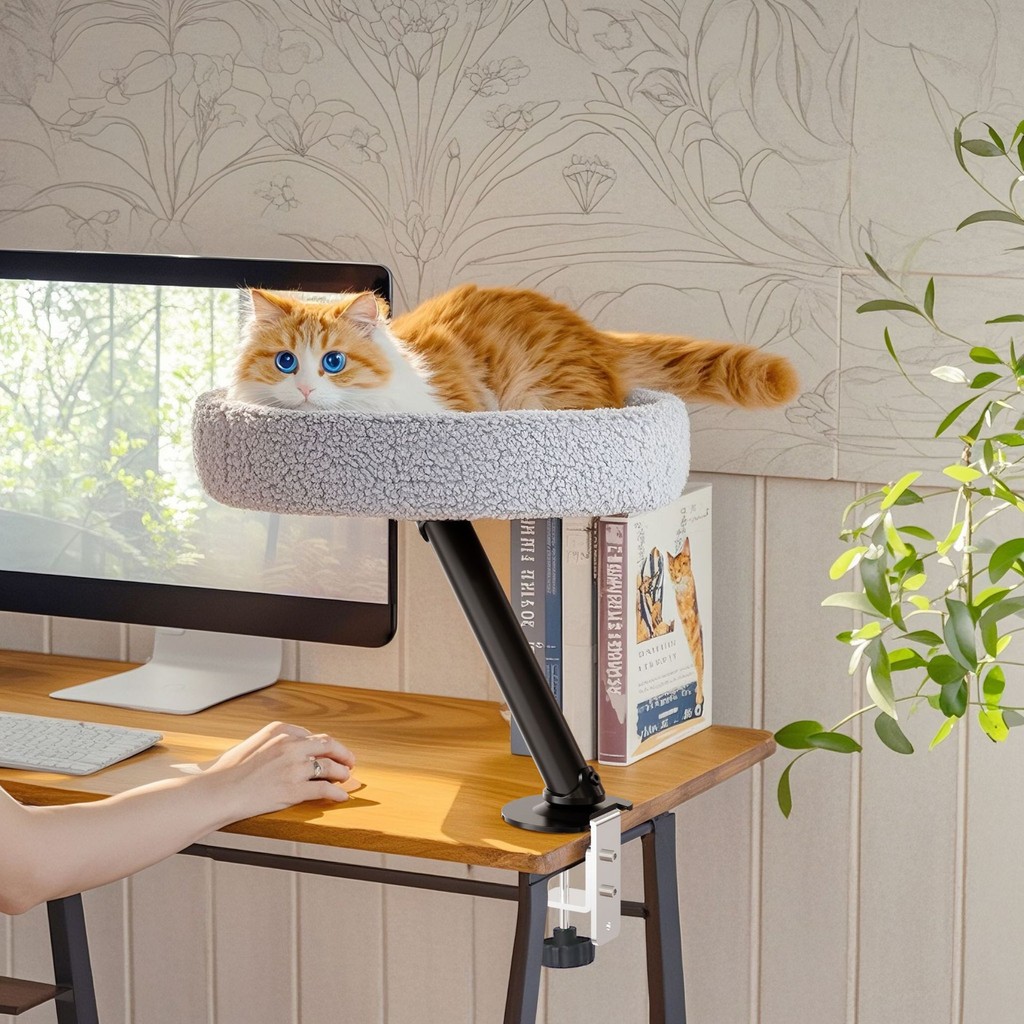 Cat Desk Bed Elevated Desk Nest Kitten Furniture 360° Rotation Round ...